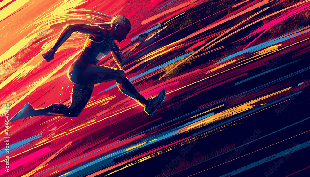 stylized illustration of a female runner with exaggerated motion lines ...