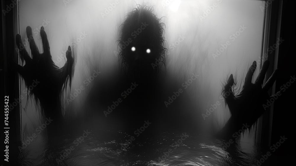 Shadowy Figure with Glowing Eyes and Pressing Hands Against a Foggy ...