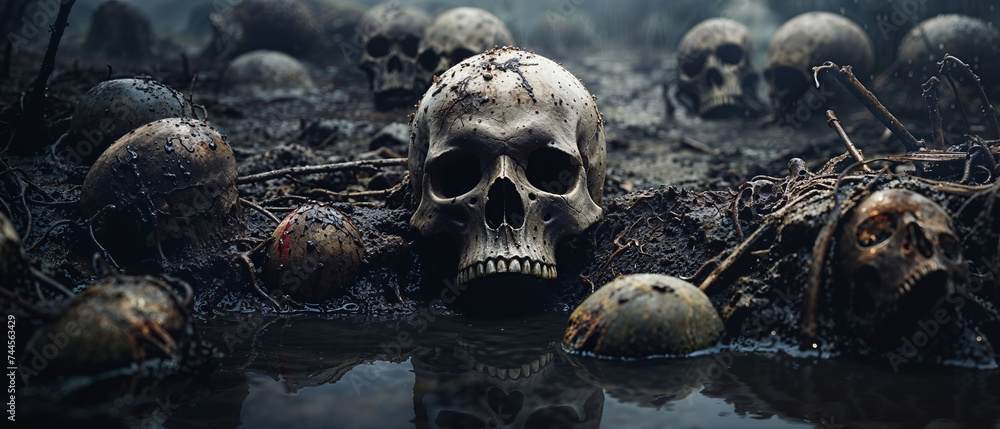 Broken skulls embedded into wet and muddy ground filled with disease ...