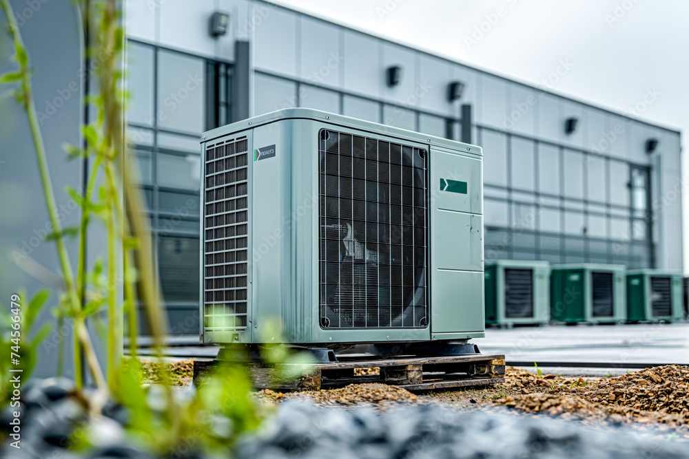 Commercial Air Conditioner Unit on Building Roof with Green Foliage ...