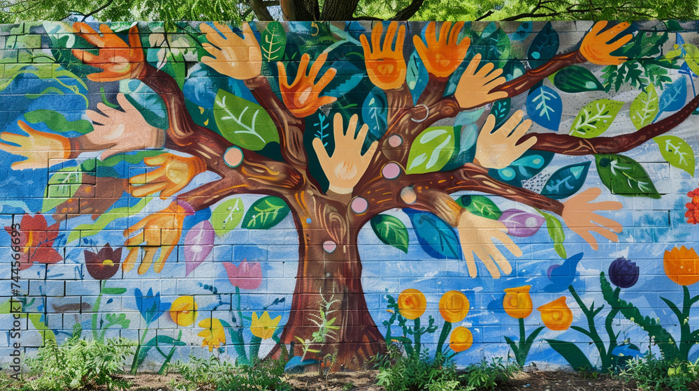 An imaginative depiction of a community care mural adorning a ...