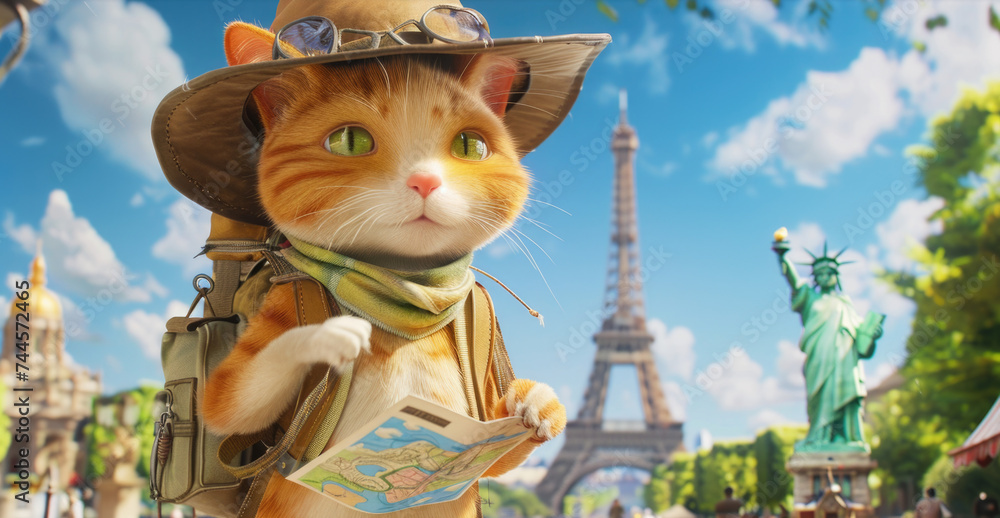 Adventurous Orange Tabby Cat as a World Traveler with Famous Landmarks ...