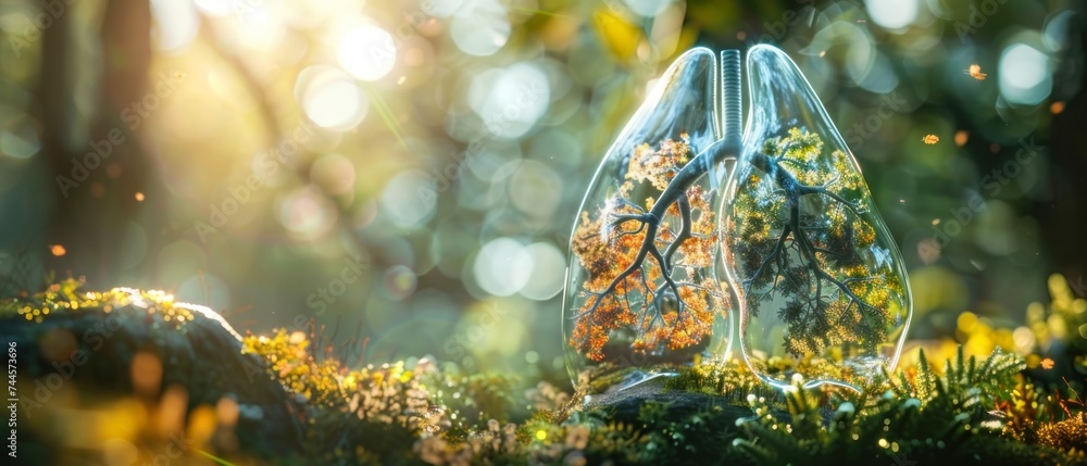 Photo A glass pair of lungs, breathing in light, filled with a vibrant ...
