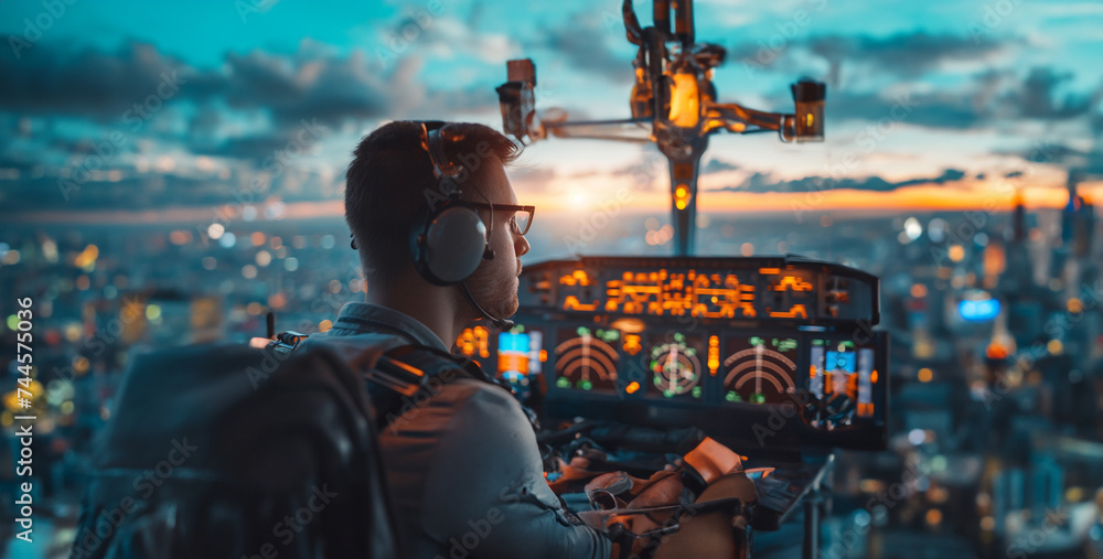 person in the airport, a pilot preparing for a flight in the cockpit of ...