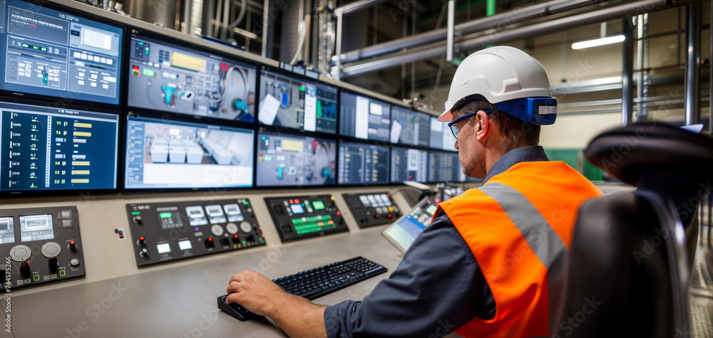 Inside the large Industry Factory Male Computer Engineer Works on ...