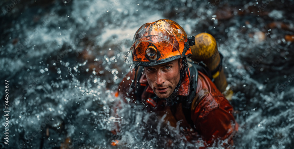 person in water, a firefighter rescuing a trapped victim from a burning ...