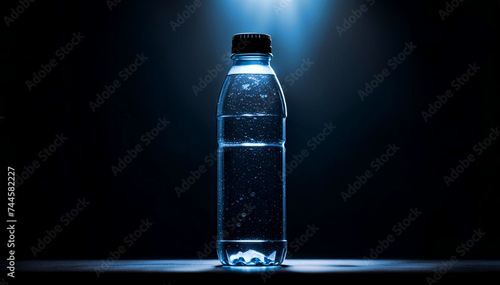transparent plastic water bottle with backlight isolated on black ...