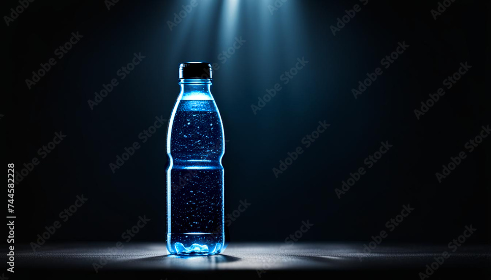 transparent plastic water bottle with backlight isolated on black ...