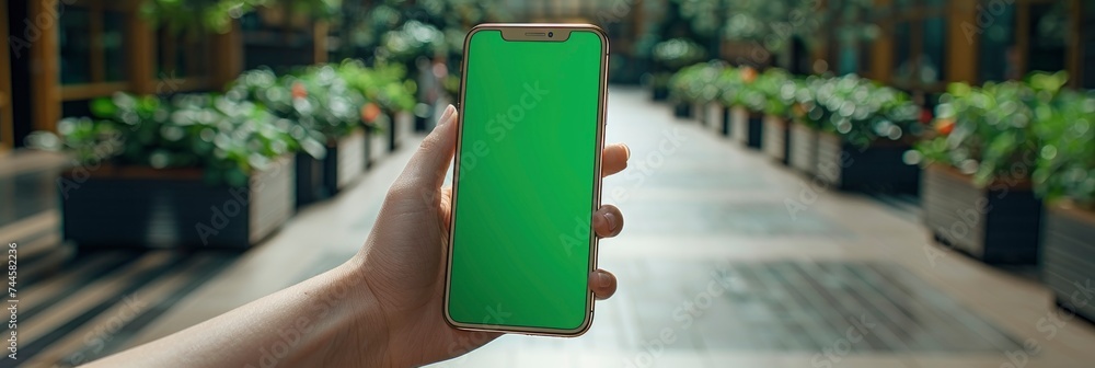 Illustrate a sleek and modern mockup featuring a hand holding an iPhone ...