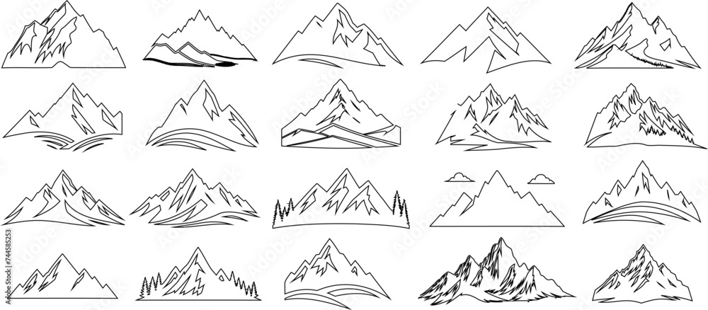 Mountain sketches collection, detailed outline, various shapes, sizes ...
