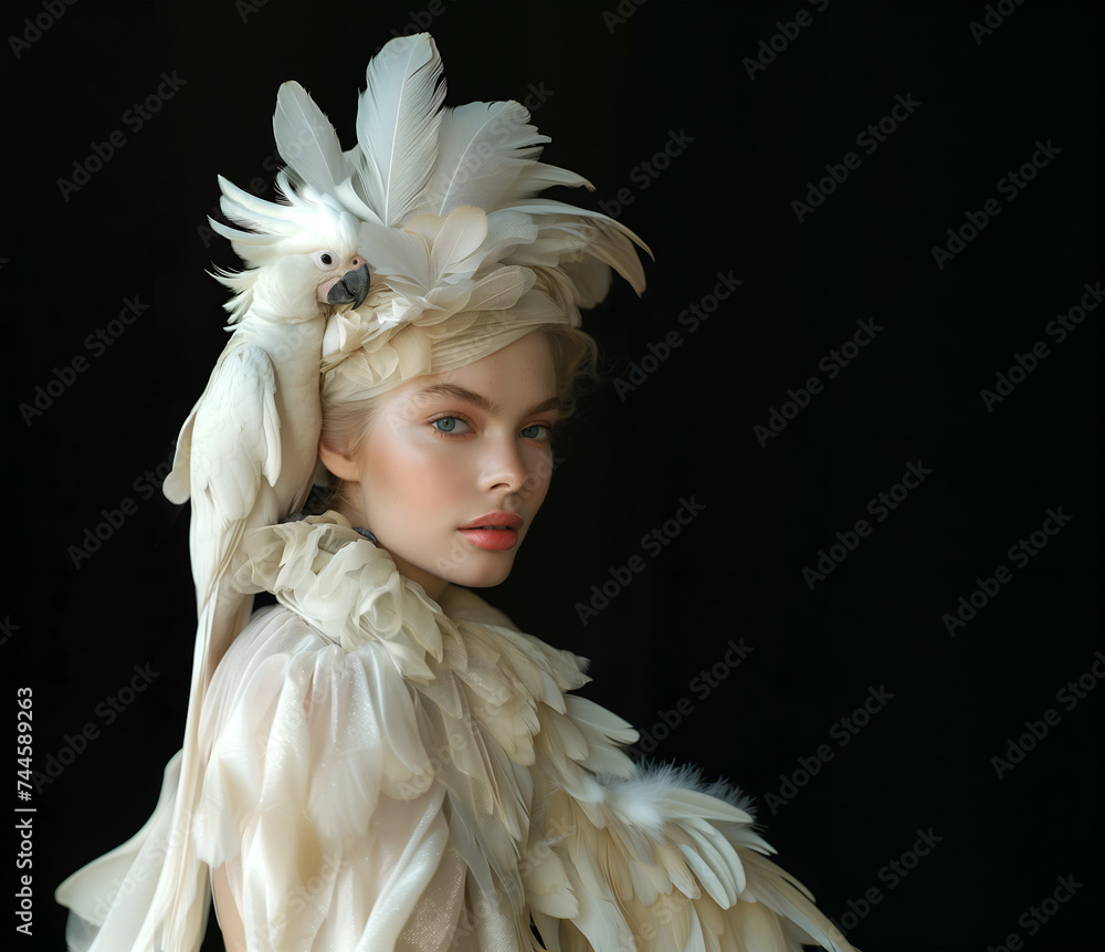 Fashion Surreal Concept. Pretty woman in elaborate shimmer and feather ...