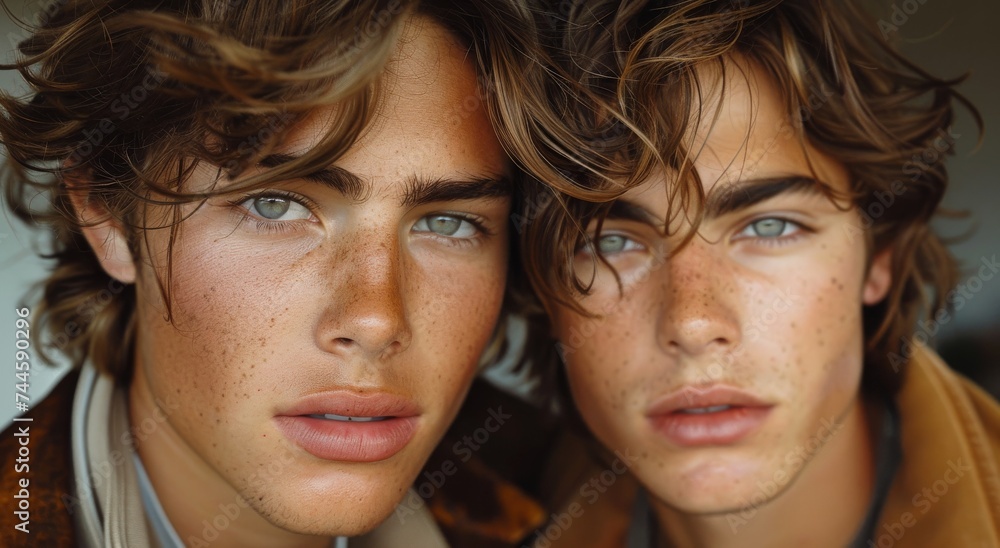 Captured in intimate detail, two men with speckled skin gaze ...