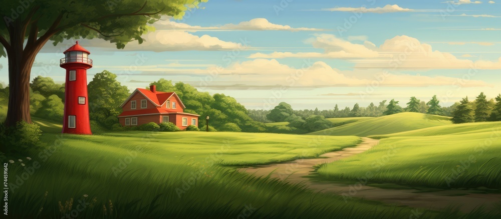 Lively scenery with green grass, trees, and a red fire hydrant ...