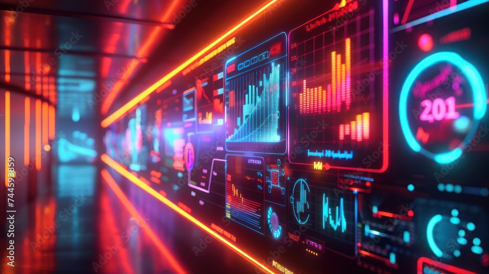Business charts and icons projected in neon on a wall visualizing data ...
