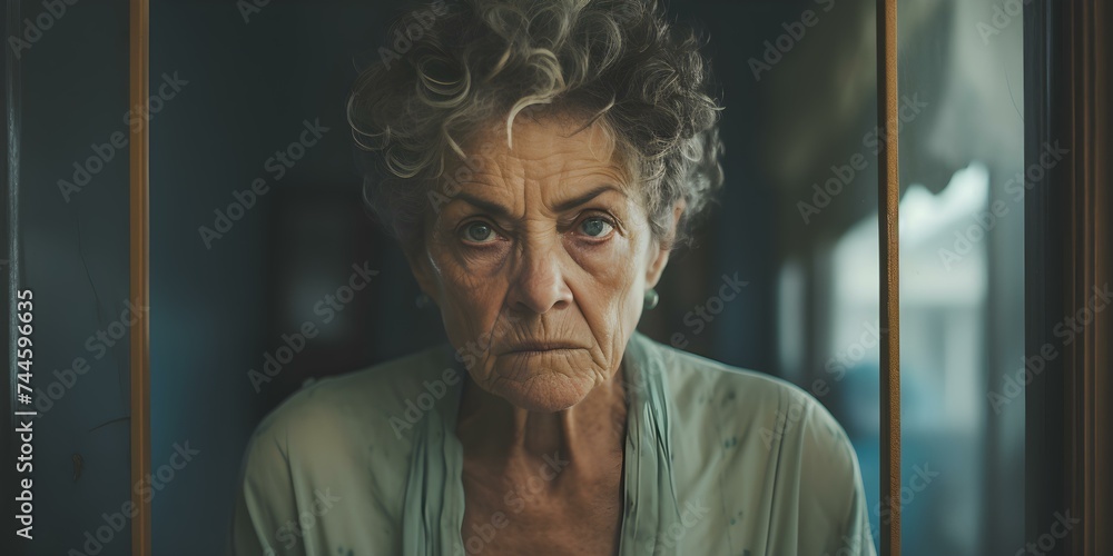 Elderly woman gazes through window with weary expression in home ...