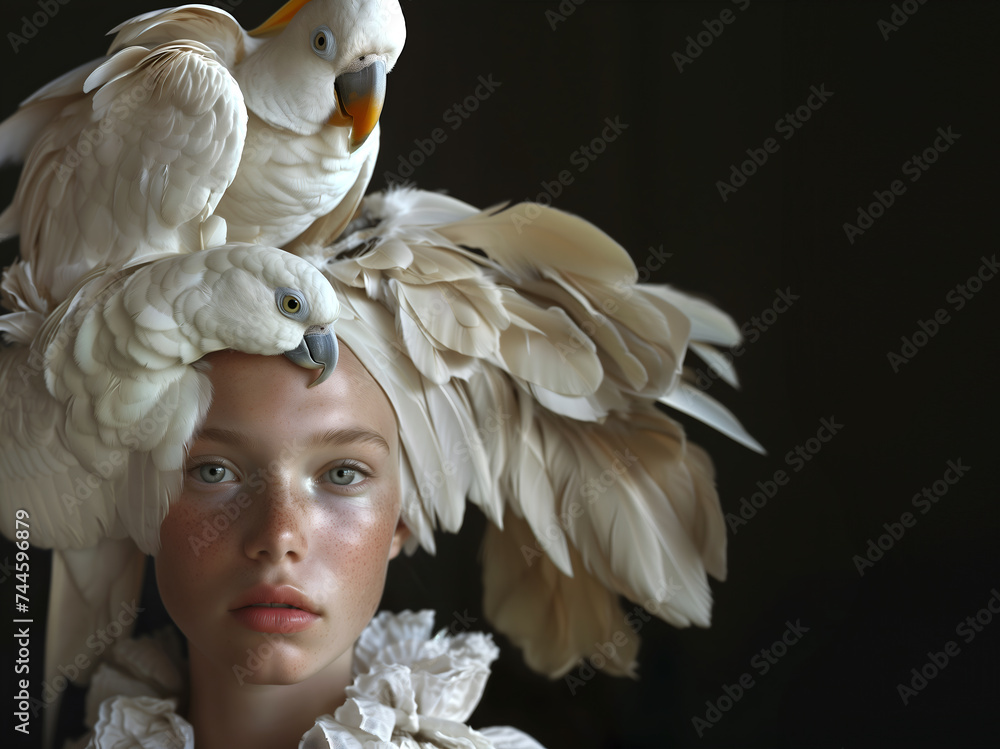 Fashion Surreal Concept. Glowing Pretty freckled woman in elaborate ...