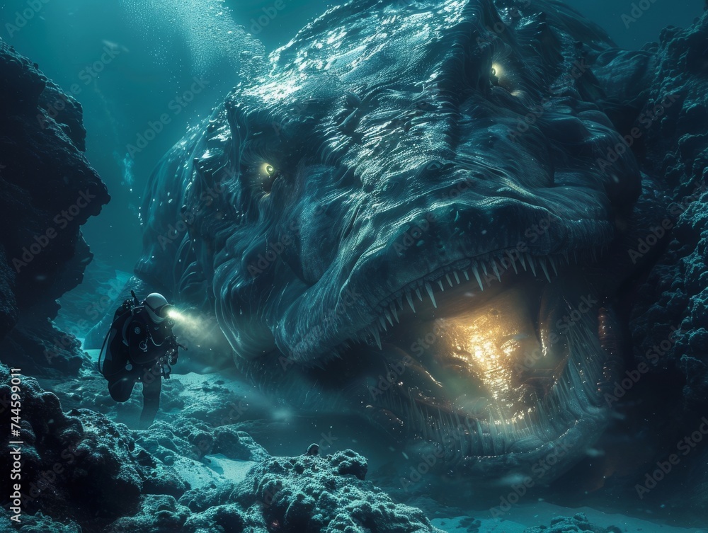 A diver encountering prehistoric sea monsters during a time travel dive ...
