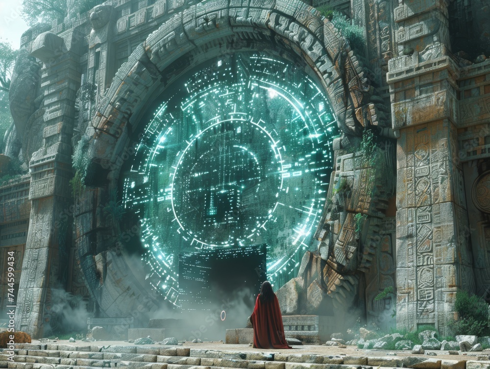 A holographic quantum computer projecting data in the midst of a Mayan ...