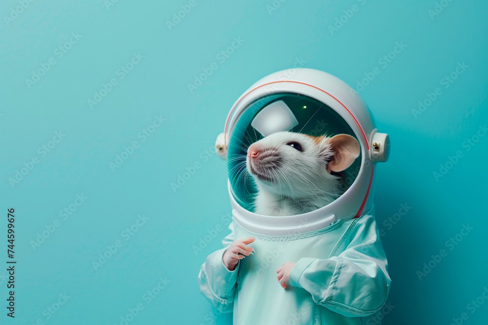 Rat in a space suit and helmet on a light blue background, free space ...