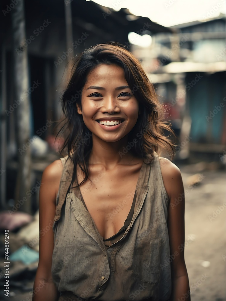 Portrait of smiling filipino woman on poor slums area background from ...
