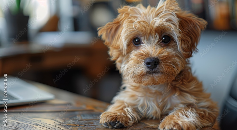A fluffy yorkipoo puppy gazes up at its owner with adoration as it ...