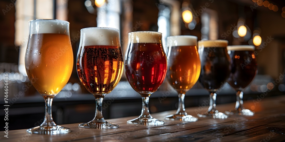 Assorted craft beer glasses on display on a rustic bar counter. Concept ...