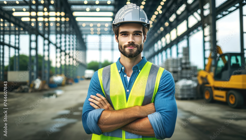 A professional male construction manager with a hard hat and safety ...