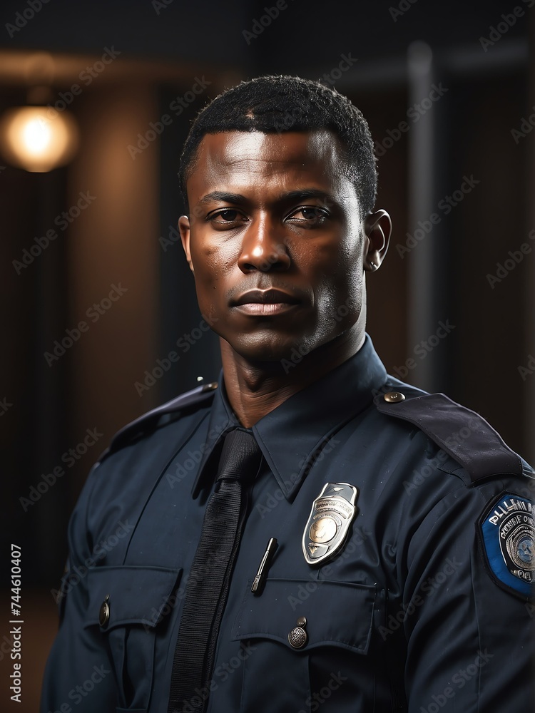 Portrait of a handsome black african police officer man on uniform on a ...