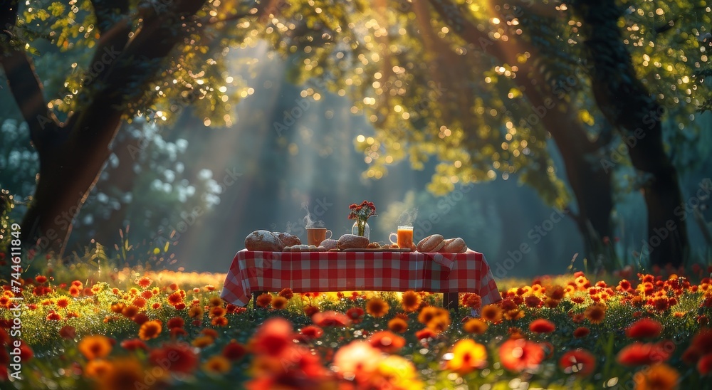 A bountiful feast laid out on a wooden table in the midst of a vibrant ...
