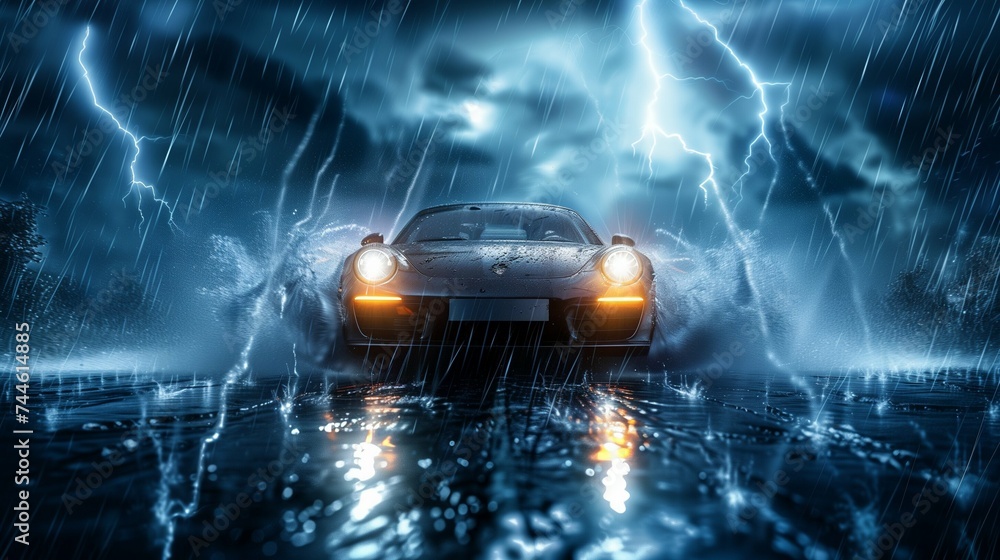 Visualize the power and drama of a car driving through a storm, its ...