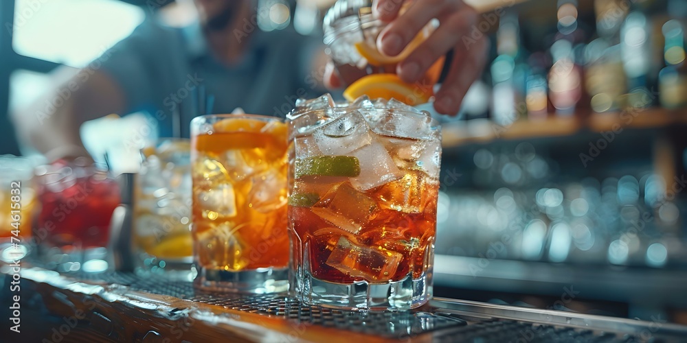 Bartender skillfully arranging drinks on a bar counter for service ...