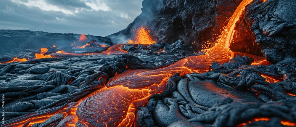 Molten Lava Flow on Rugged Volcanic Landscape. Fiery molten lava flows ...