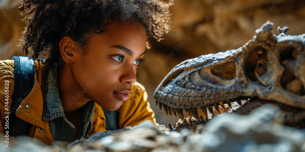 Desert black woman archaeologist studies prehistoric dinosaur fossils ...
