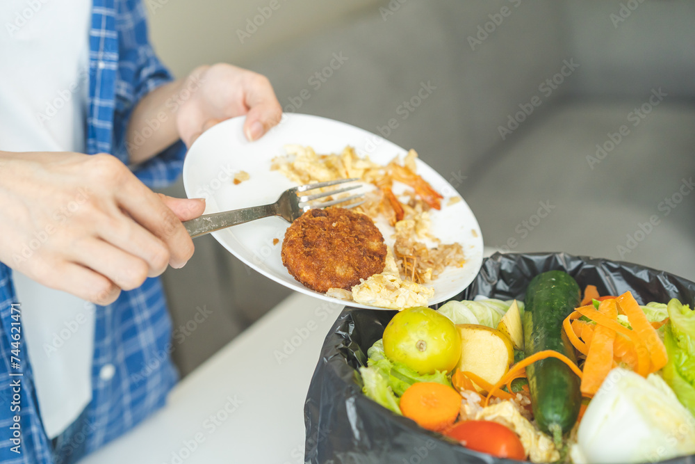 Compost from leftover food, refuse asian young housekeeper woman, girl ...
