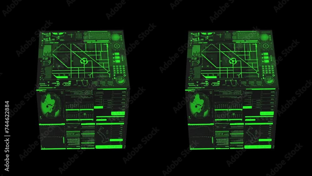 Cube with futuristic maps, schemes and diagrams of the future. 3D ...