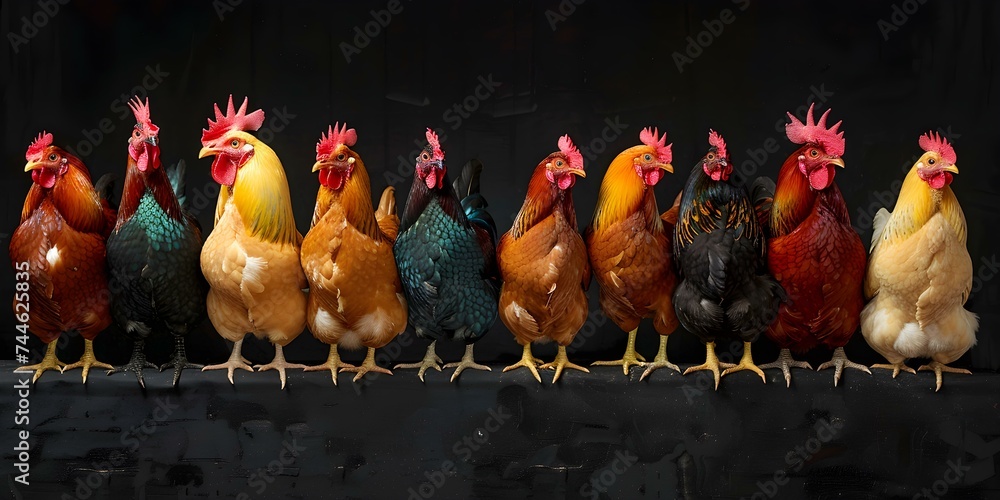 Colorful chickens in a variety of breeds on black background displaying ...