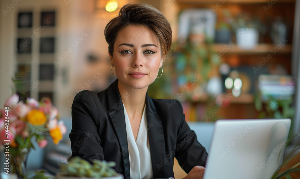 Happy candid businesswoman working remotely at her laptop. Female on a ...