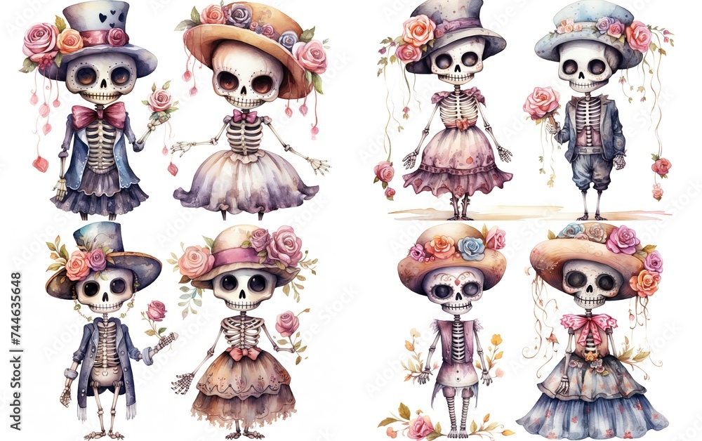 watercolor cartoon cute skeleton lover couple bride and groom wearing ...