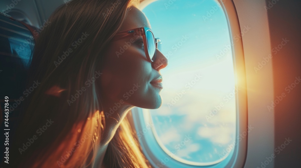 Young woman gazing out of an airplane window, invites viewers to share ...