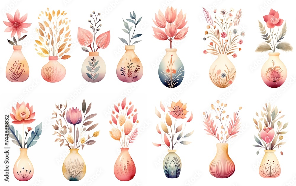 watercolor cartoon beautiful flower posy in vase, collection set ...