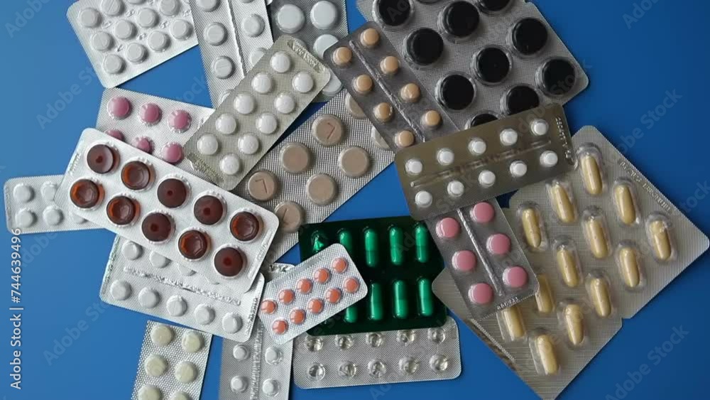 Various tablets in blisters on a blue background, rotate. View from ...