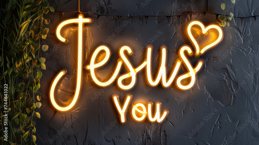 Foto de Illuminated Yellow Neon Sign as Wall Fixture Declaring Jesus ...