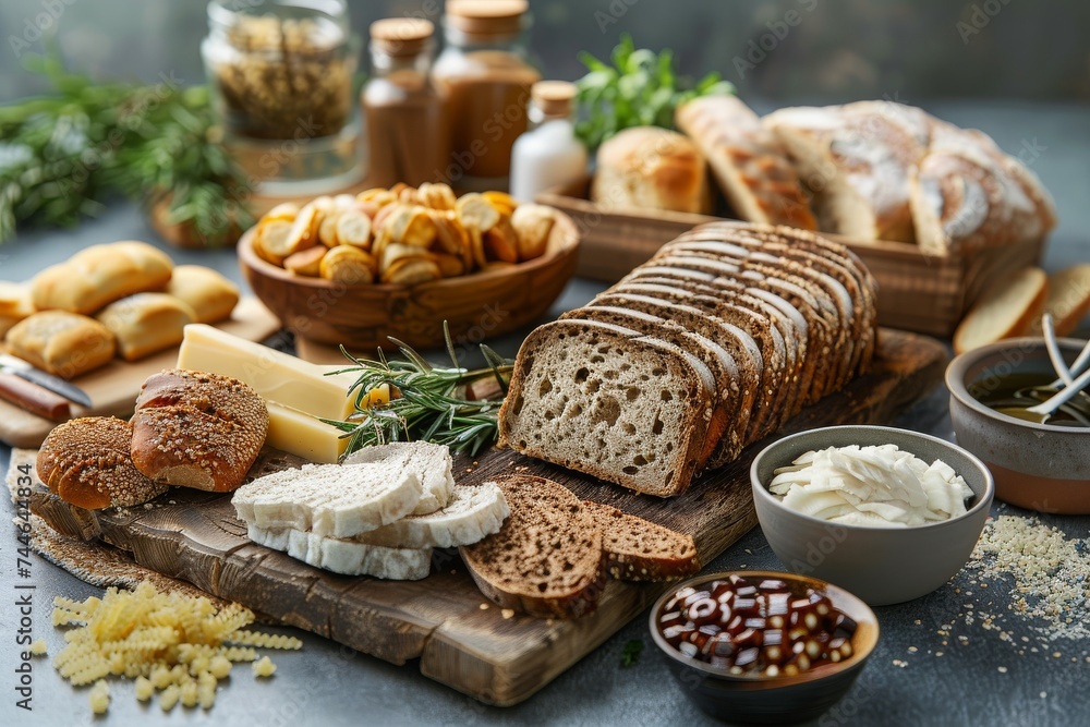 Neatly arranged on a light blue background, various bread types and ...