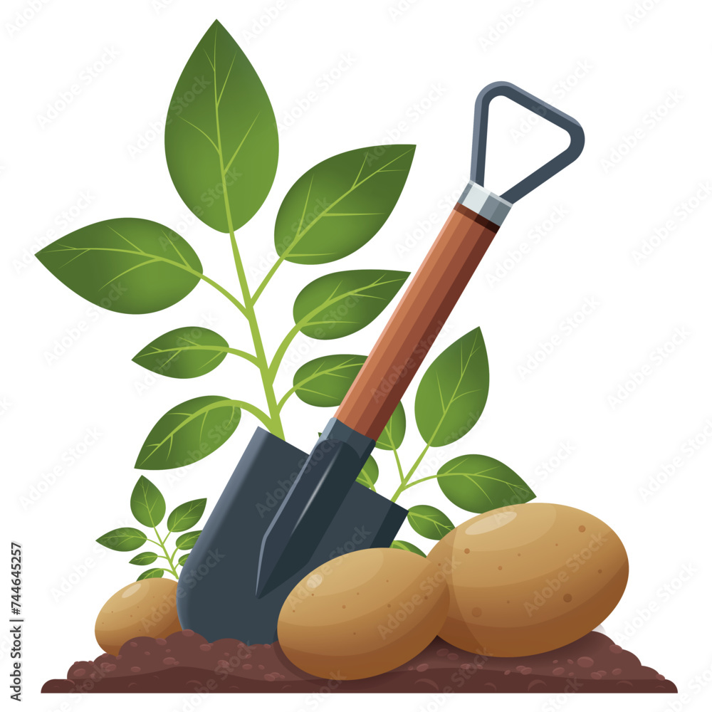 Harvesting potatoes. Graphic drawing of sandy soil, chernozem, shovel ...