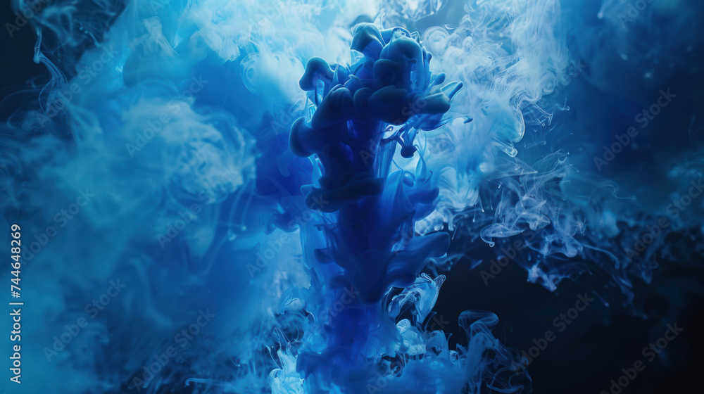 Blue paint drop mixing in water towards to camera. Ink swirling ...