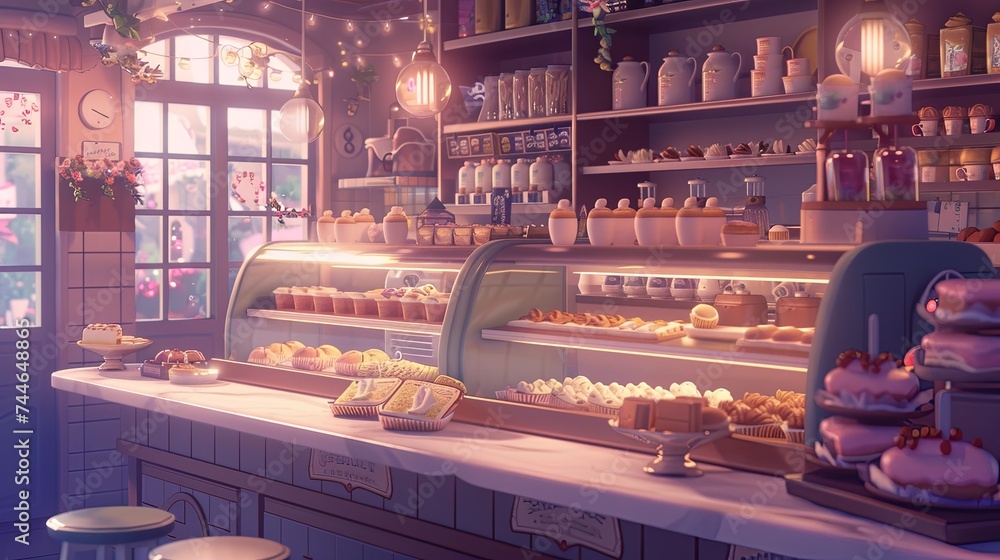 Cozy Animated lofi cartoon Bakery Interior with Pastries A charming ...
