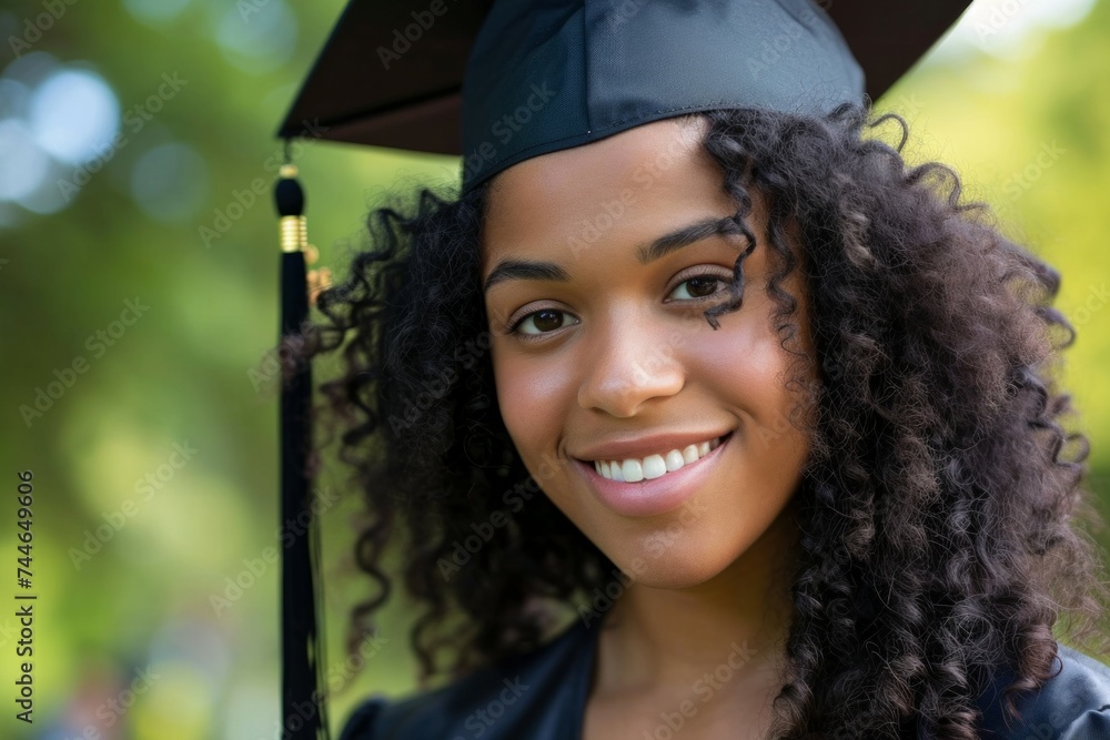 Graduada negra de color feliz con toga y birrete al aire libre Stock ...