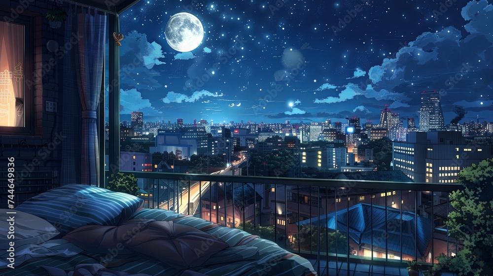 Animated image of a comfortable balcony overlooking a bustling ...