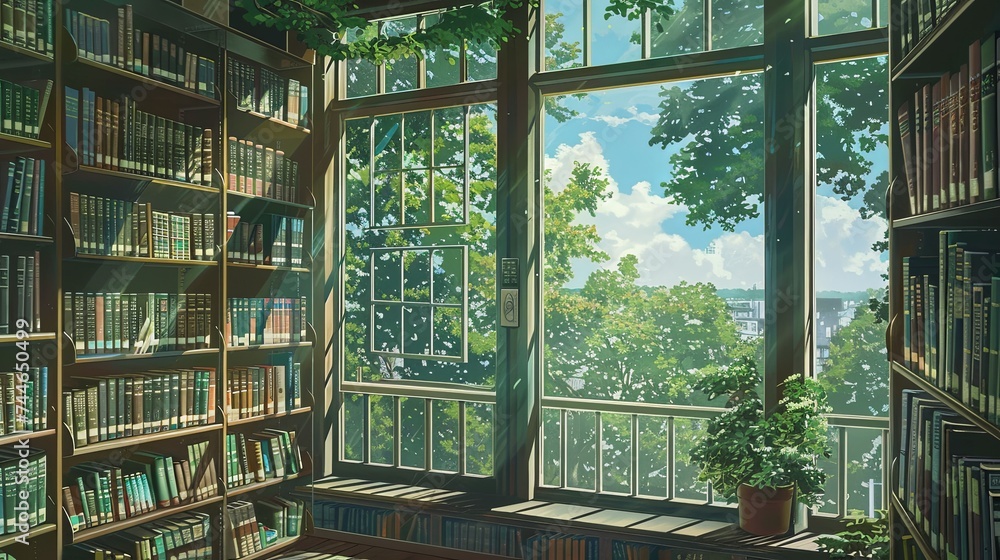 A spacious library room with floor-to-ceiling bookshelves, large ...