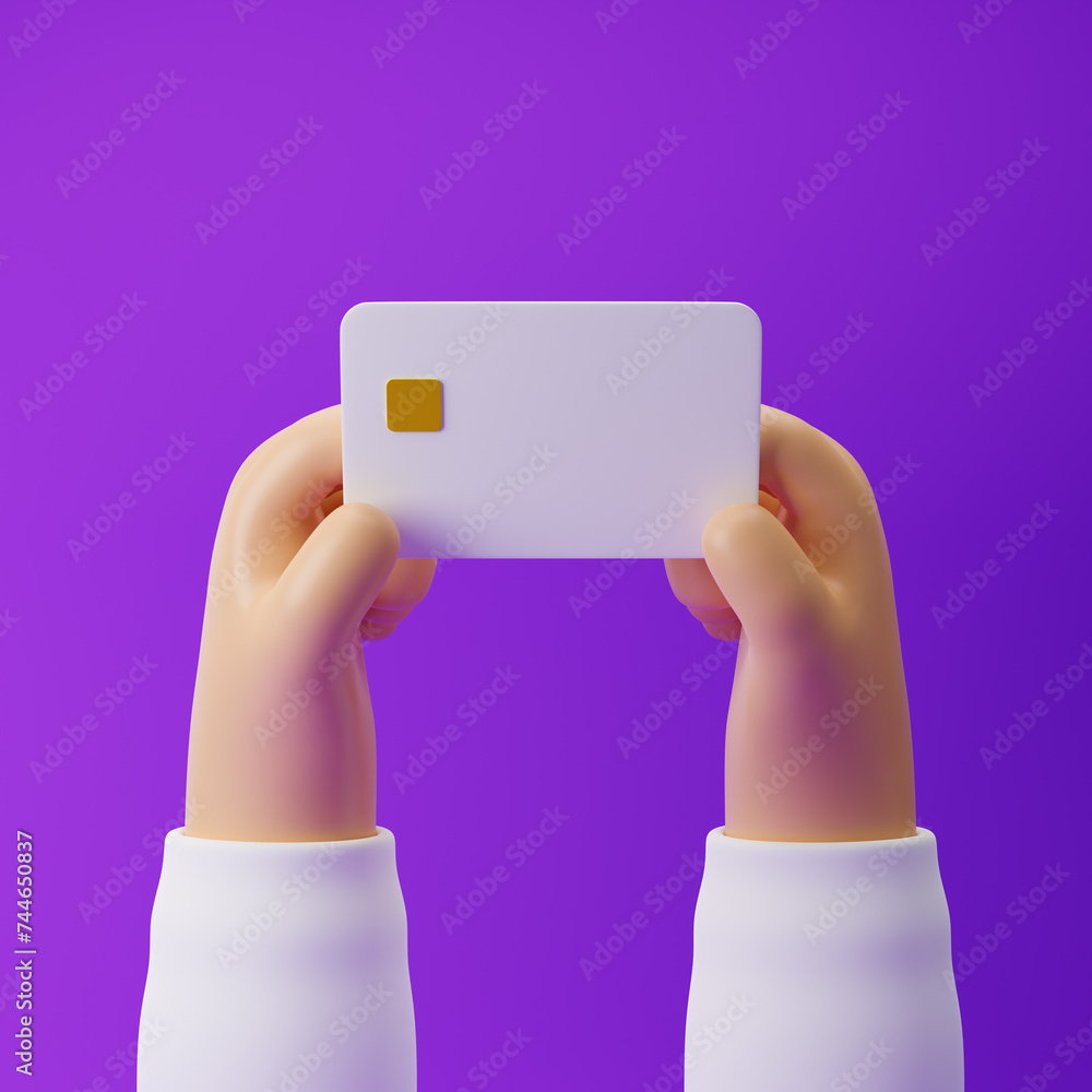 Cartoon hands holding bank credit card isolated over purple background ...
